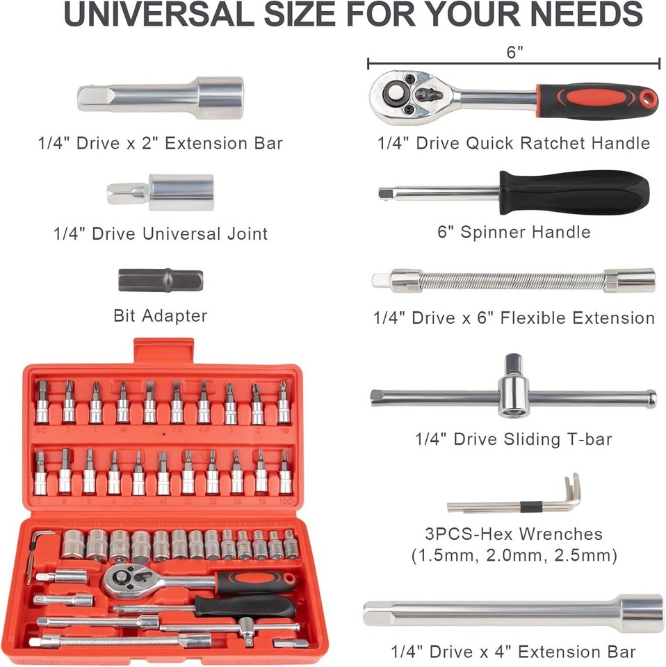 46PCS Small Drive Socket Ratchet Wrench Screwdriver Set, 1/4 Inch ...
