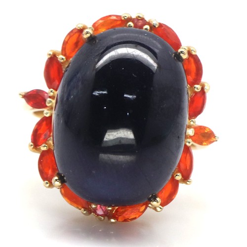 Heated Gemstone Blue Sapphire, Fire Opal & Zircon Statement Ring 925 ...