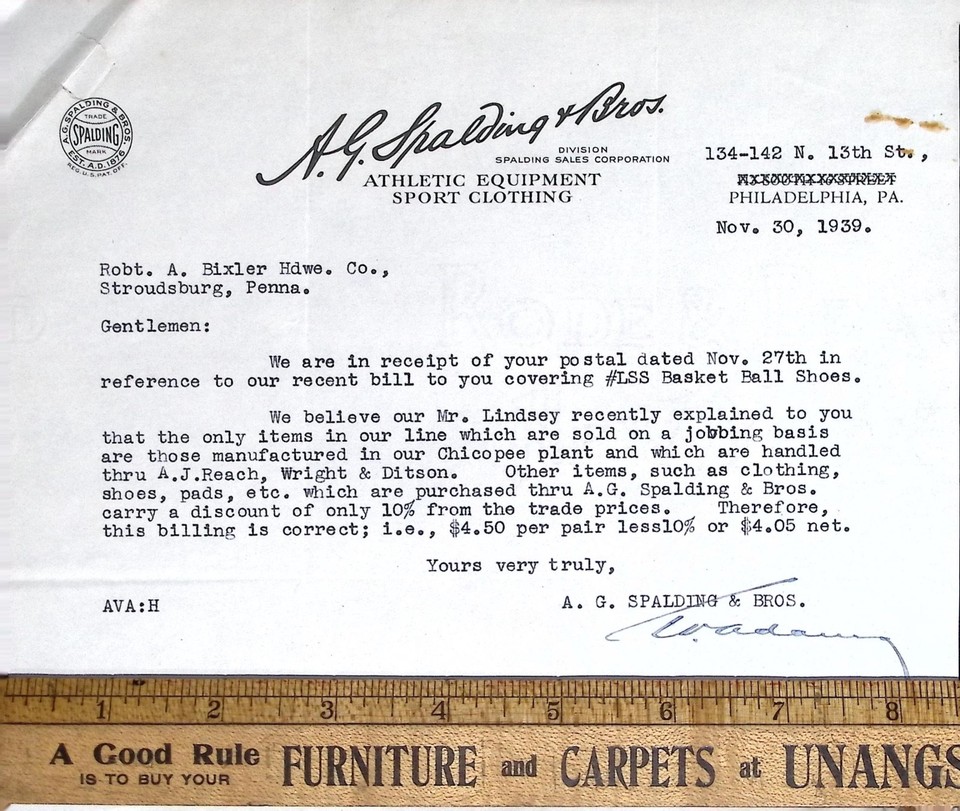 1939 A.G. Spalding & Bros Letter Basketball Shoes Invoice Response ...