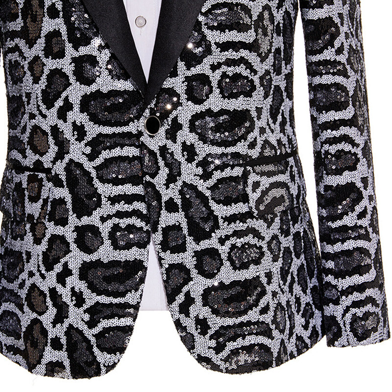 Men Leopard Pattern Sequins Tuxedo Jacket Suit Blazer Coat Wedding ...