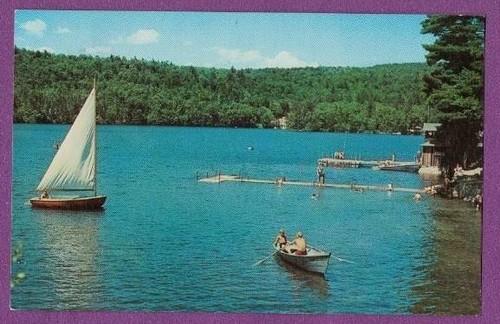 NEWFOUND LAKE NEW HAMPSHIRE VTG CHROME PC PASQUANEY SAILBOAT DOCKS ROW ...