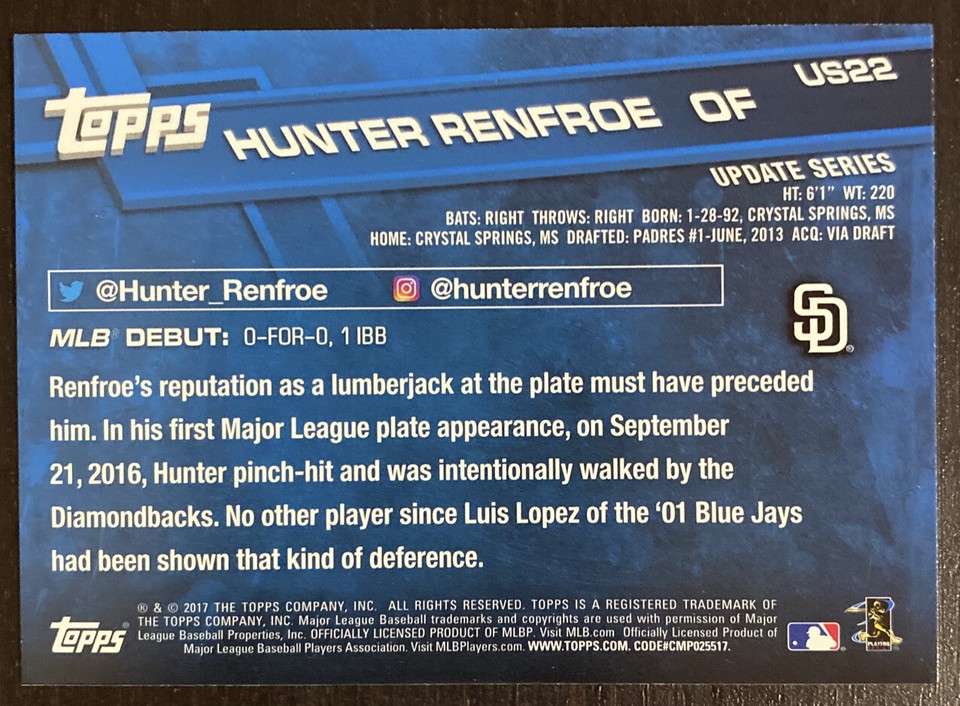 2017 Topps Update Series Baseball #US22 HUNTER RENFROE ROOKIE DEBUT ...