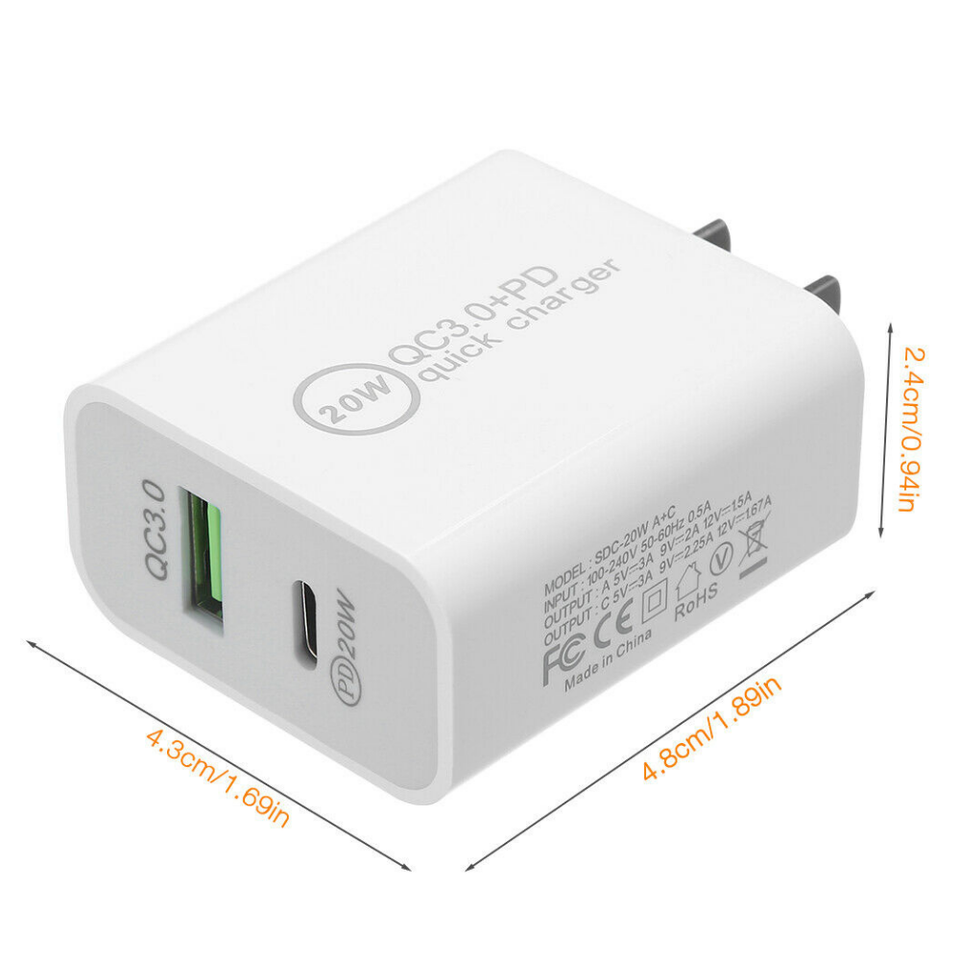 20W Type C Fast Charger Cube Dual Port QC USB A&PD USB C Plug For ...