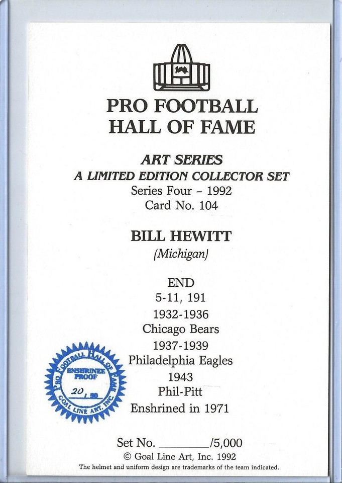 Rare 1992 Bill Hewitt Goal Line Art Blue Seal Proof Postcard 20/50 ...
