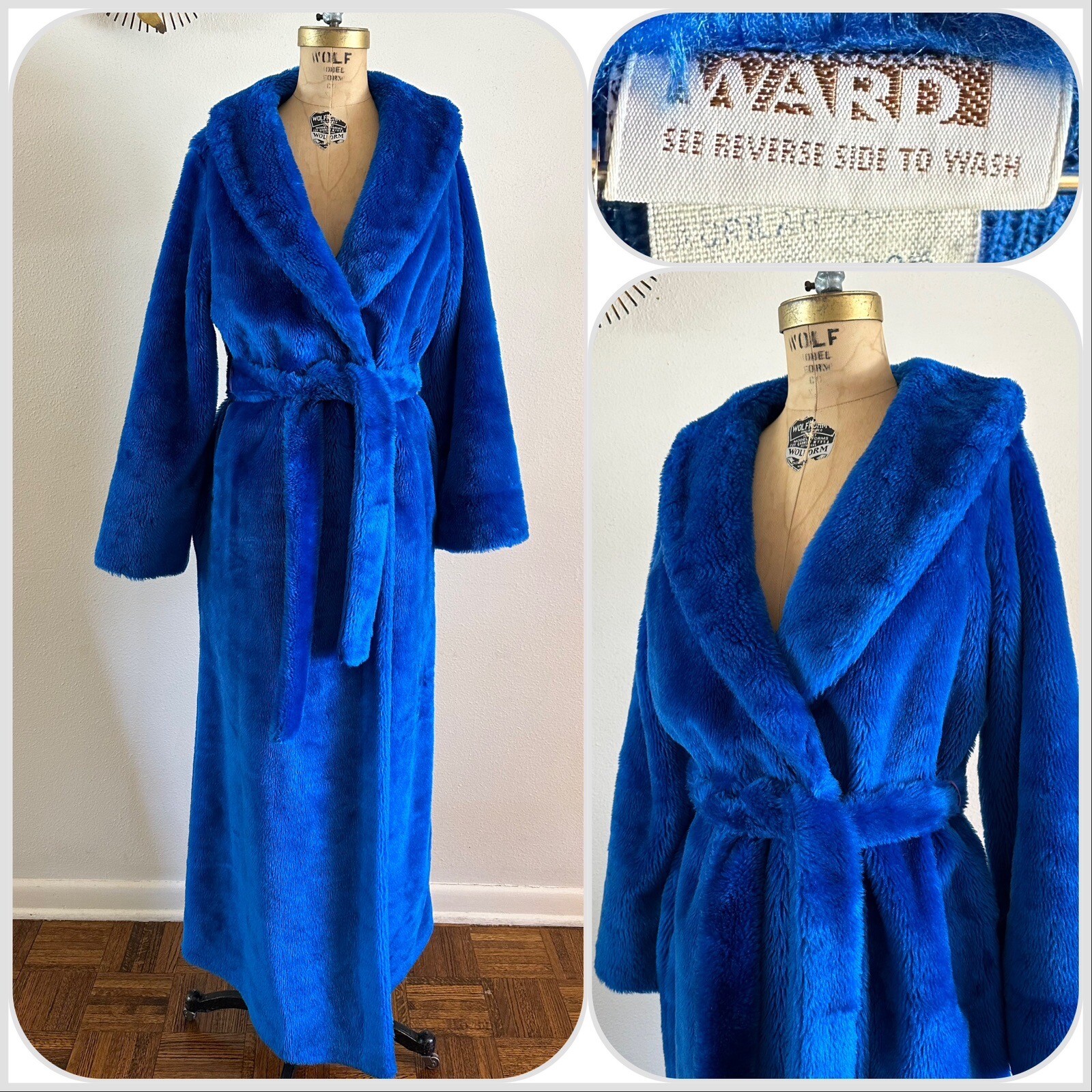 1970s Montgomery Ward Electric Blue Fuzzy Shag Robe H… - Gem