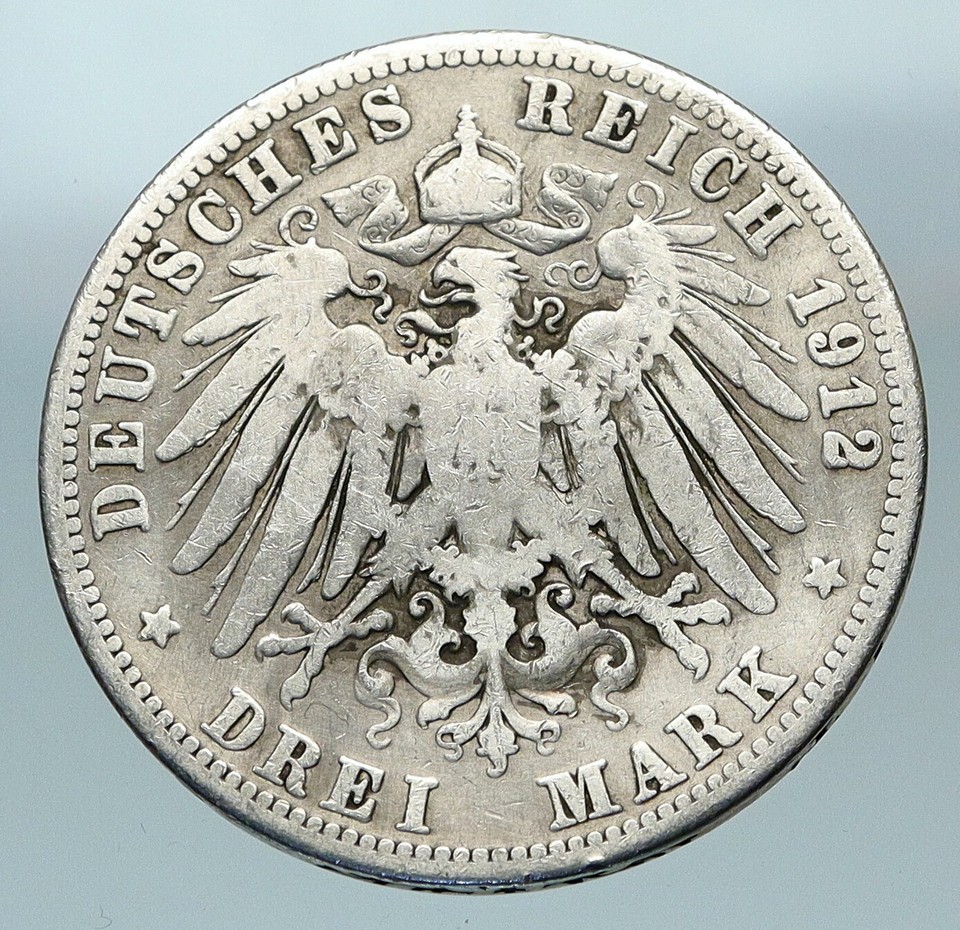 1912 PRUSSIA KINGDOM Germany WILHELM II Genuine Silver 3 Mark German ...