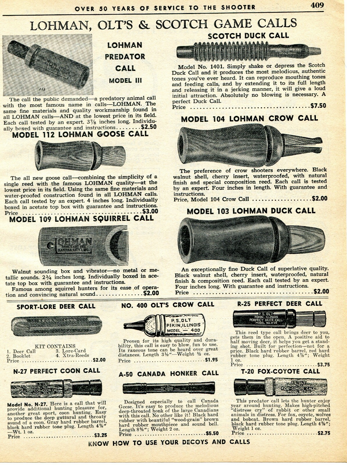1962 Print Ad of Olt Lohman & Scotch Game Calls Duck Crow Deer Fox Coon ...