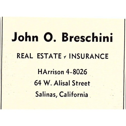 John O. Breschini Real Estate Insurance 1962 Salinas CA Ad SAG8-S6 | eBay