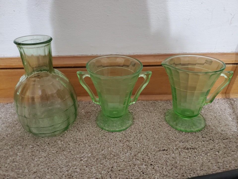 Sugar Bowl Creamer Pitcher Carafe Anchor Hocking Block Optic Green ...