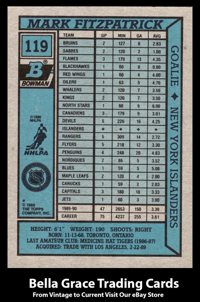 1990-91 Topps Bowman Mark Fitzpatrick #119 New York Islanders Rookie | eBay