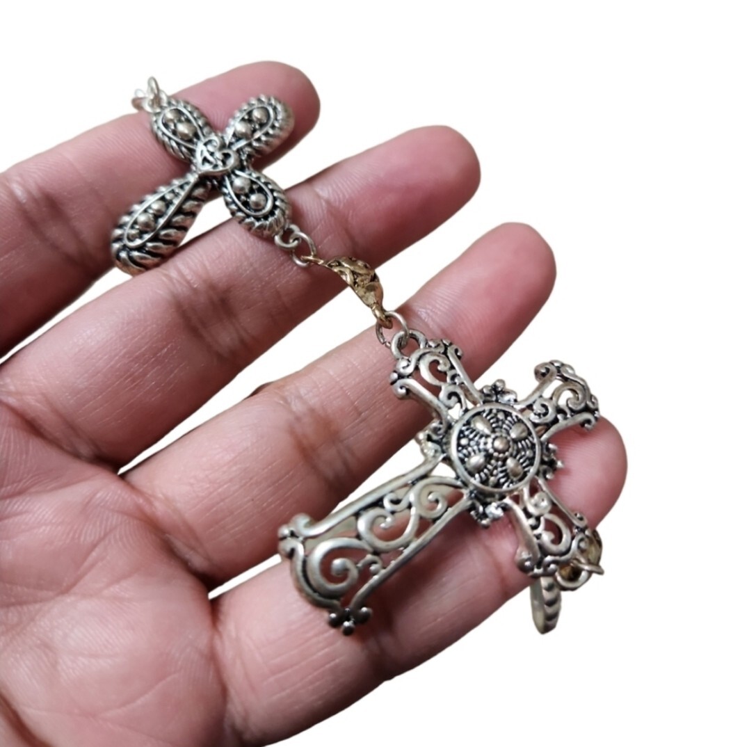Silver Gold Toned Cross Trio Pendant Necklace - Gem