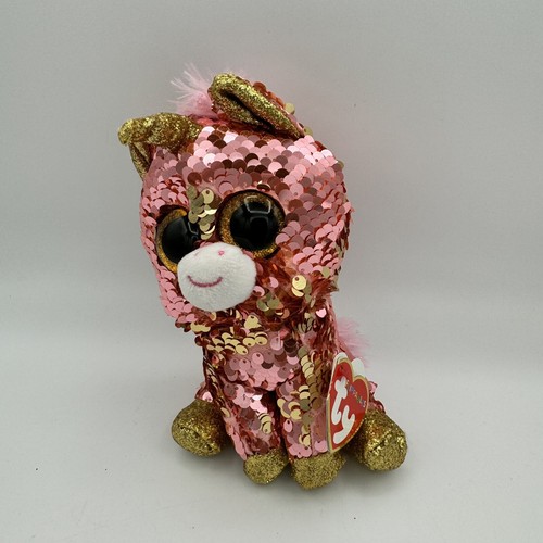Ty FLIPPABLES SUNSET Shiny Coral Gold Sequined Unicorn 6” Beanie Boo ...