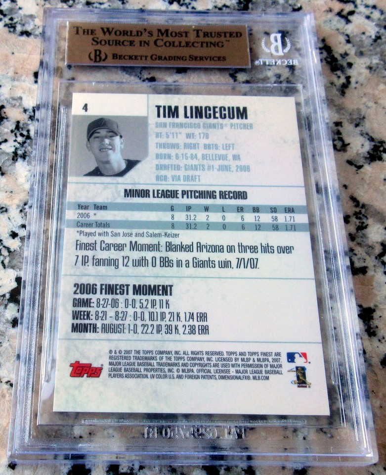 TIM LINCECUM 2007 Topps Finest SP Rookie Card RC BGS 10 PRISTINE ...