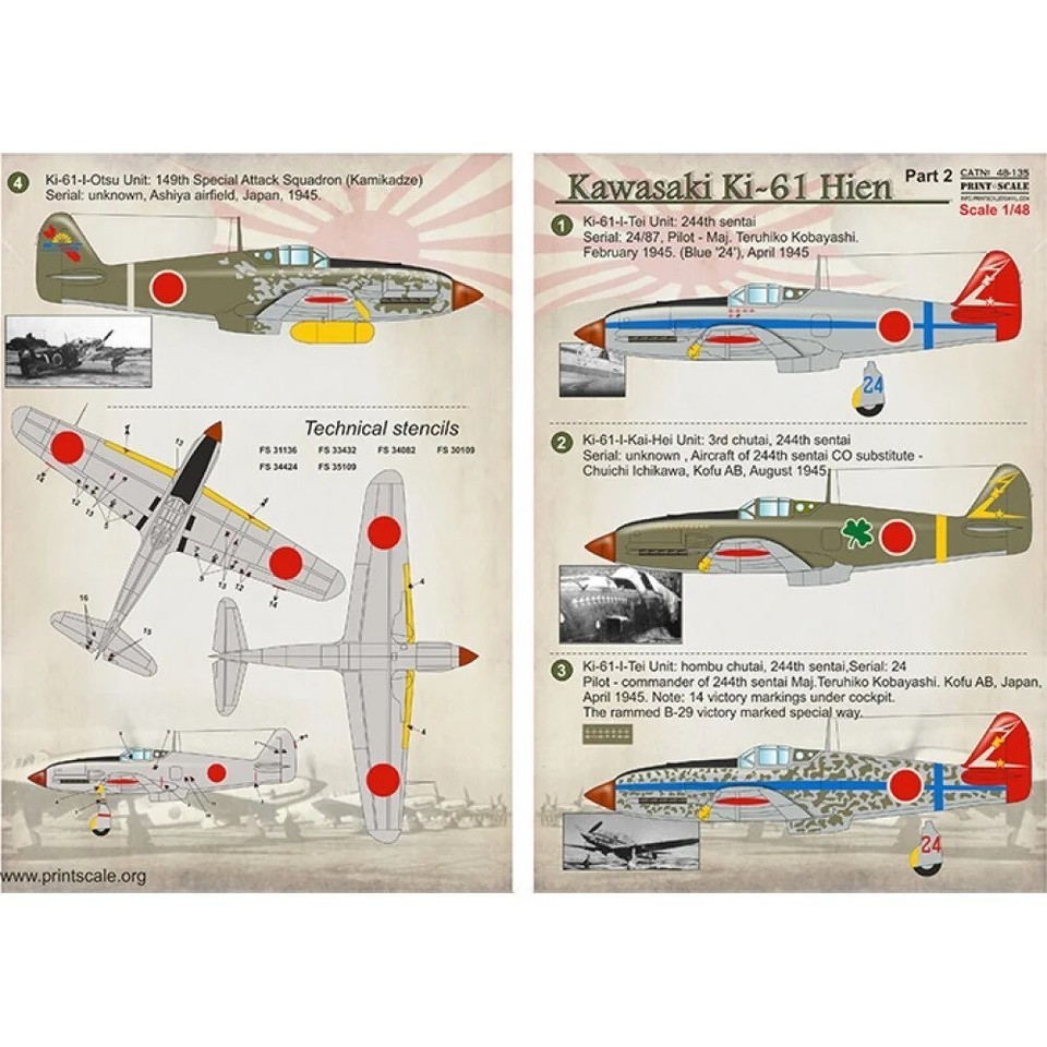 Waterslide Decal for airplane 1:48 Kawasaki Ki-61 Hien Part 2 Print ...