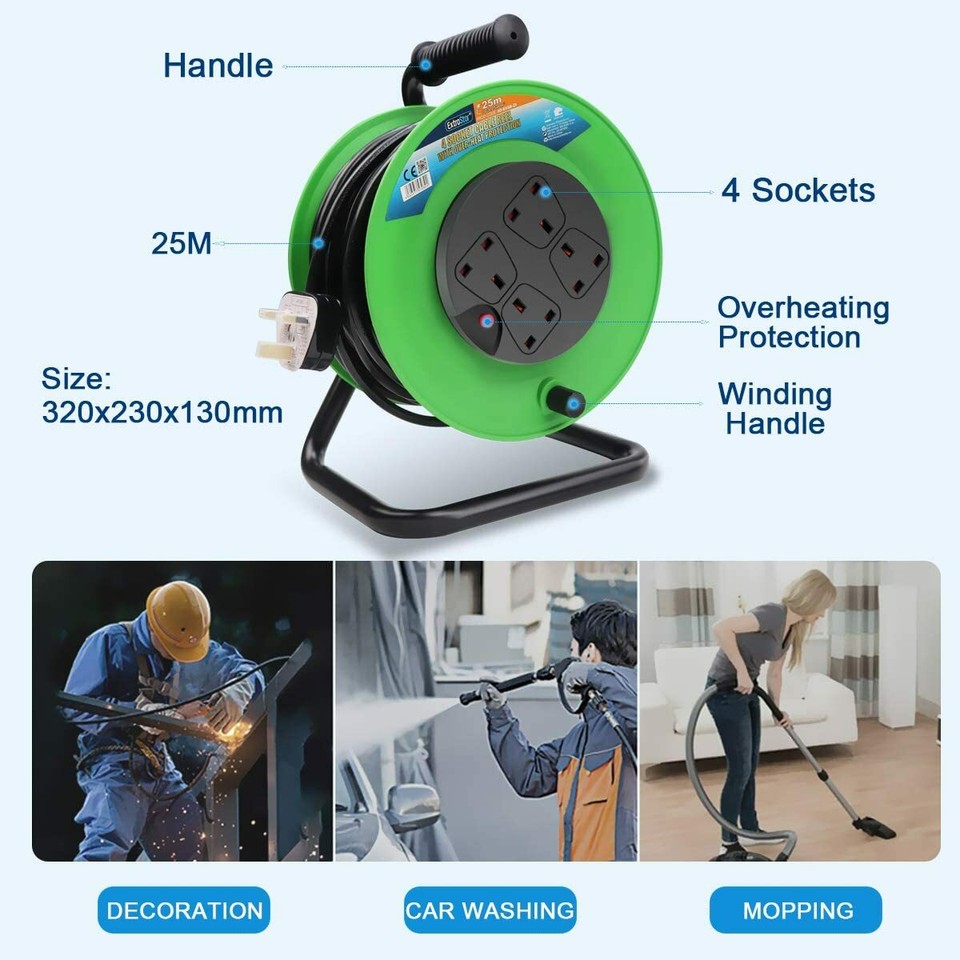 4 WAY HEAVY DUTY CABLE METER 25M METRE EXTENSION REEL LEAD MAINS SOCKET ...