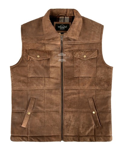 Men's Leather Bodywarmer Vest Vintage Brown Buff Gilet Puffer Quilted ...