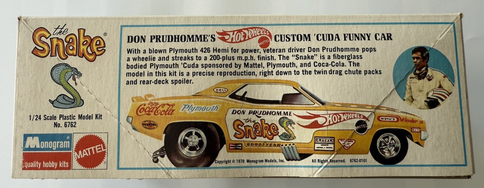 Monogram Prudhomme Plymouth Cuda The Snake 1/24 Scale Model Kit 6762 ...