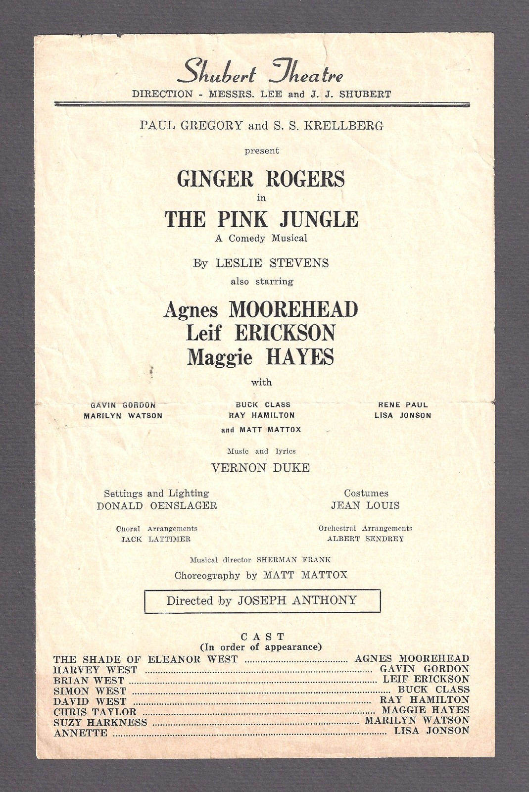 Ginger Rogers "PINK JUNGLE" Vernon Duke 1959 Musical FLOP Boston Tryout ...