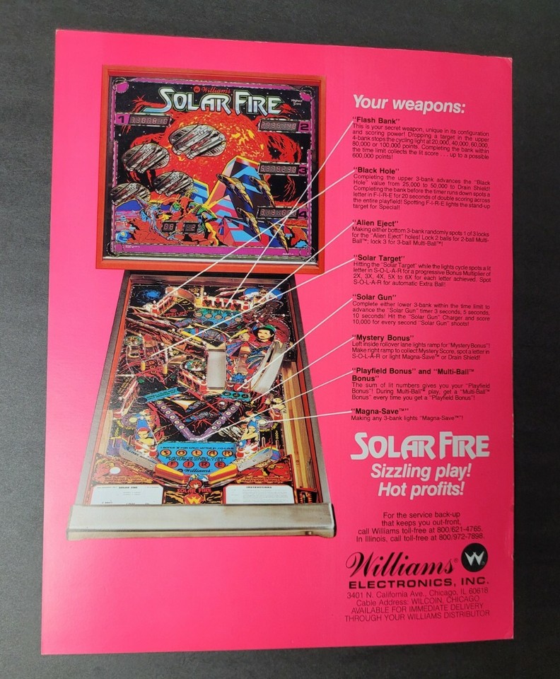 Vtg WILLIAMS SOLAR FIRE PINBALL ARCADE GAME ADVERTISING PROMOTIONAL ...
