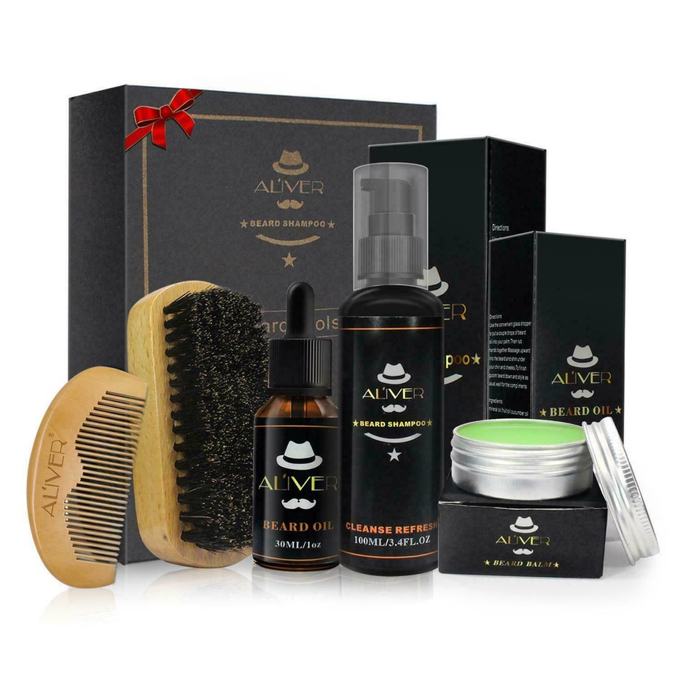 Men's Gent's Beard Grooming Kit Gift Set Shampoo Oil Balm Wooden Brush ...