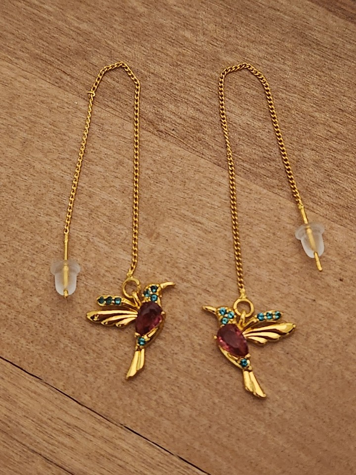 Gold Tone Drop Tassel Hummingbird Earrings Stud Threader Dangle Thread ...