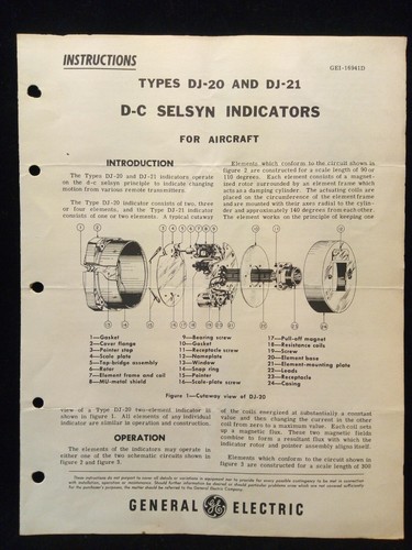 D-C Selsyn Indicator Type DJ-20 DJ-21 Aircraft Instructions GE General ...