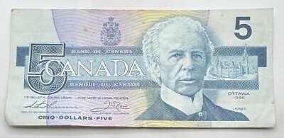 1986 Canada $5 Bill-Five Dollar Note- Canadian Foreign Paper Currency ...