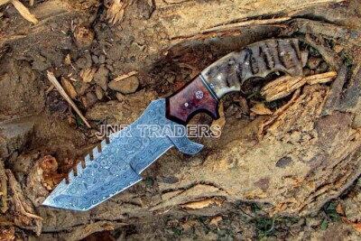 10” Best Tactical Fixed Damascus Blade Hunter Tracker Knife Ram Horn ...