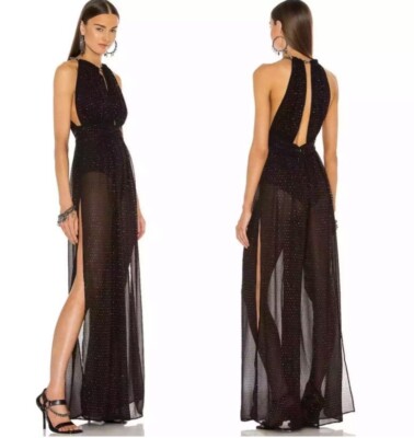 DUNDAS X REVOLVE NEW Gem Embellished Black Ruby Red Sheer Jumpsuit Size ...