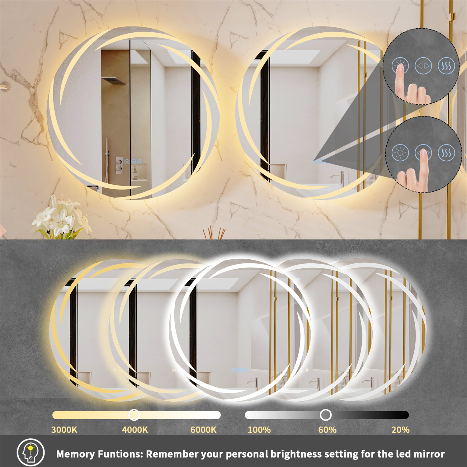 Large Round LED Bathroom Mirror Backlit Rims Sleekest Illuminated ...