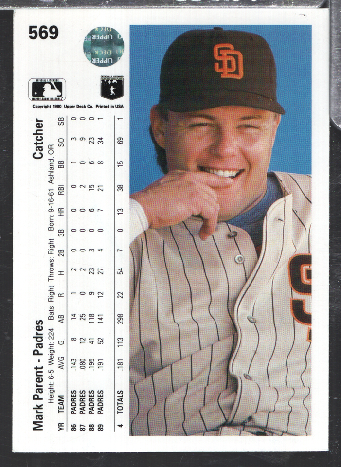 Mark Parent Padres Autographed 1990 Upper Deck #569 w/COA 111423NPCD22 ...