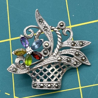 Vintage Sterling Silver 925 Multi-Gem Marcasite Flower Basket Brooch ...