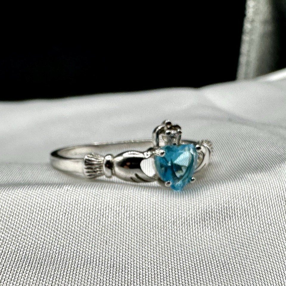 Vintage Sterling Silver 925 Claddagh Ring Blue Topaz CZ Irish Gemstone ...