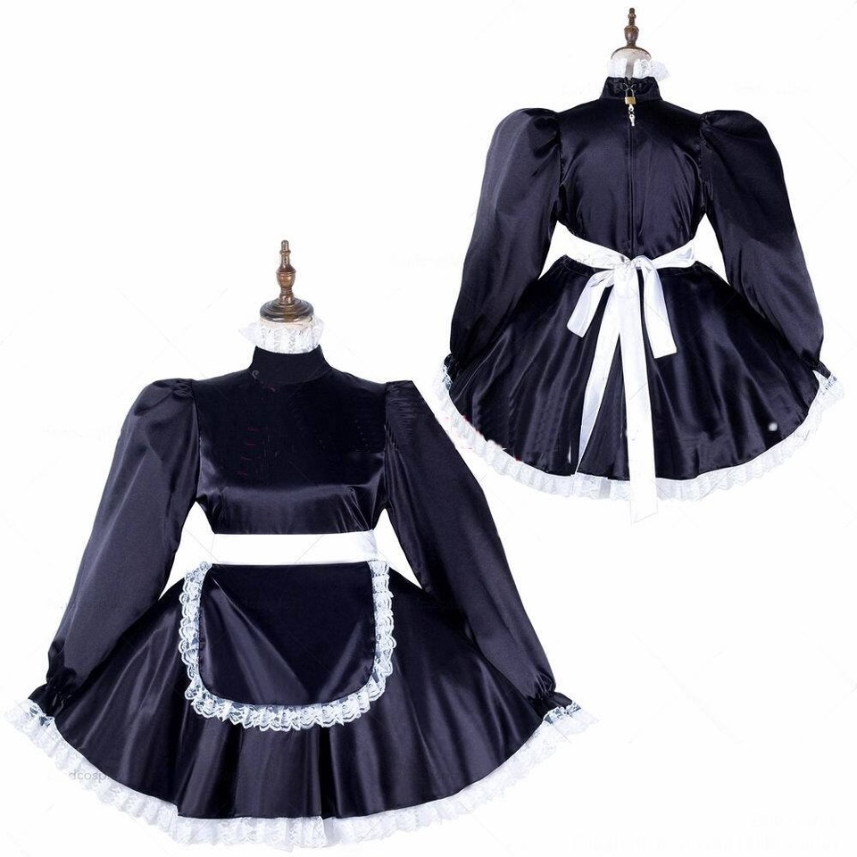 Adult Girl Maid Sissy Lockable Black Satin Dress cosplay costumes ...