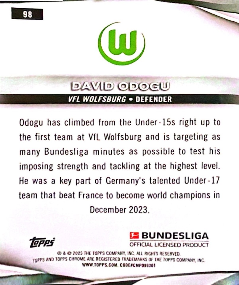 David Odogu VfL Wolfsburg 2024-25 Topps Chrome Bundesliga Yellow ...