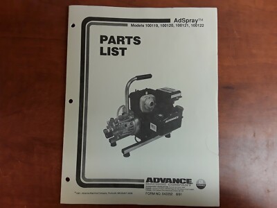 Advance AdSpray Models 100119, 100120, 100121, 100122 Parts List | eBay