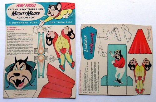 1957 MIGHTY MOUSE ACTION TOYS Post Cereal Box Premiums Uncut Cut-Outs ...