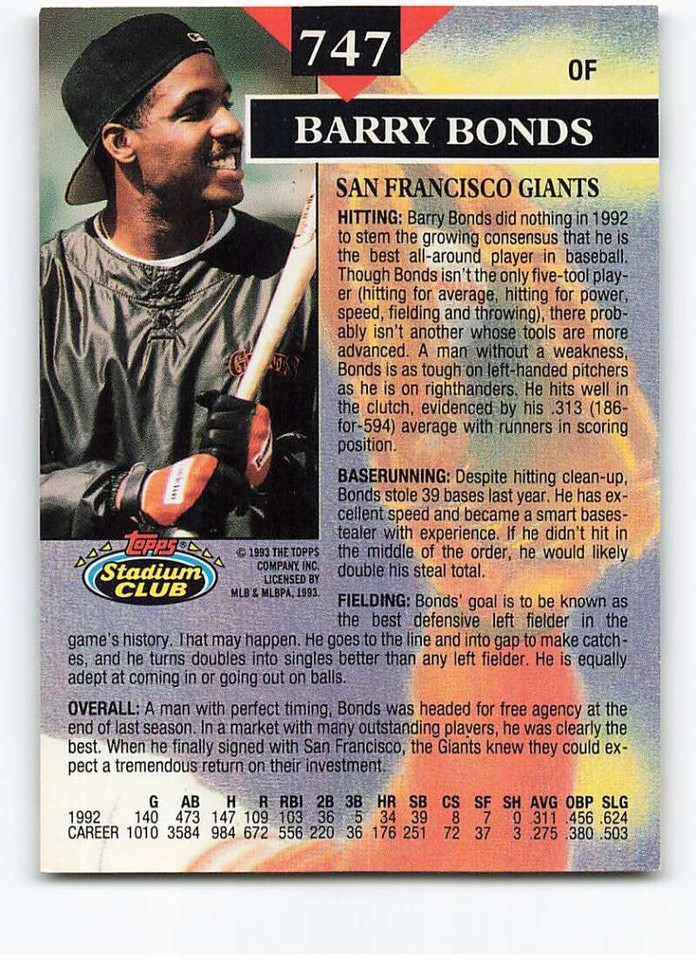 1993 Topps Stadium Club #747 Barry Bonds NM-MT Giants MC | eBay