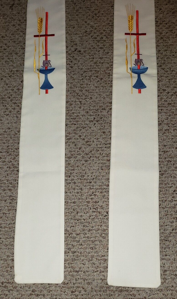 CLERGY STOLE OFFICIANT VESTMENT CREAMY WHITE W/EUCHARIST SYMBOLISM JHS ...