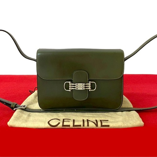 CELINE 3-reihige Horsebit Metal Schultertasche Kalbsleder khaki 01699 ...