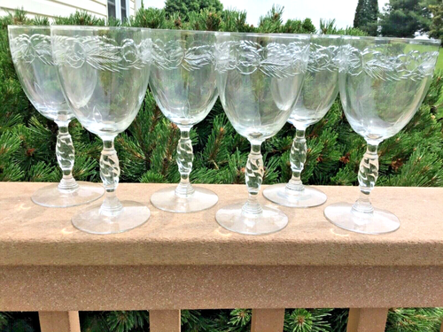 Cut Glass Water Goblets Set of 6 Twist Pattern Stem 7” 8 0z 1930s-50s ...