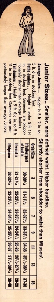 1970s Sears Catalog Bookmark Juniors Size Chart on Reverse Side | eBay