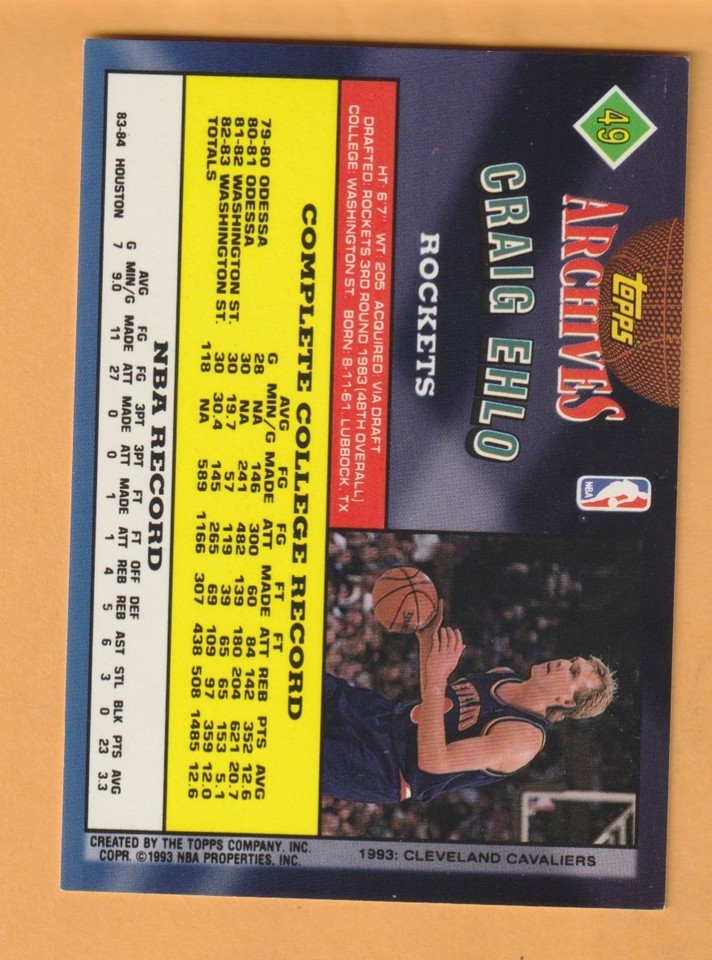 Craig Ehlo Houston Rockets AUTO Signed 1992-93 Topps Archives ...