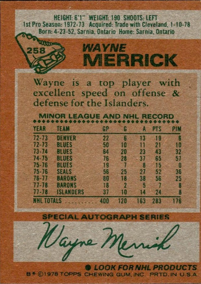 WAYNE MERRICK 1978-79 Topps Hockey #258 BUY ANY 2 ITEMS FOR 50% OFF ...