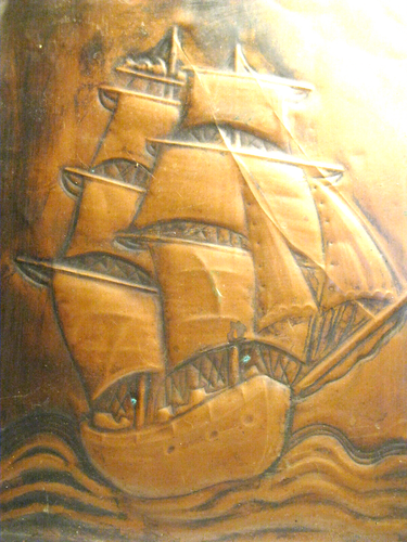 Vintage Hand Tooled Hammered Engraved Etched Copper Art Sailing Ship ...