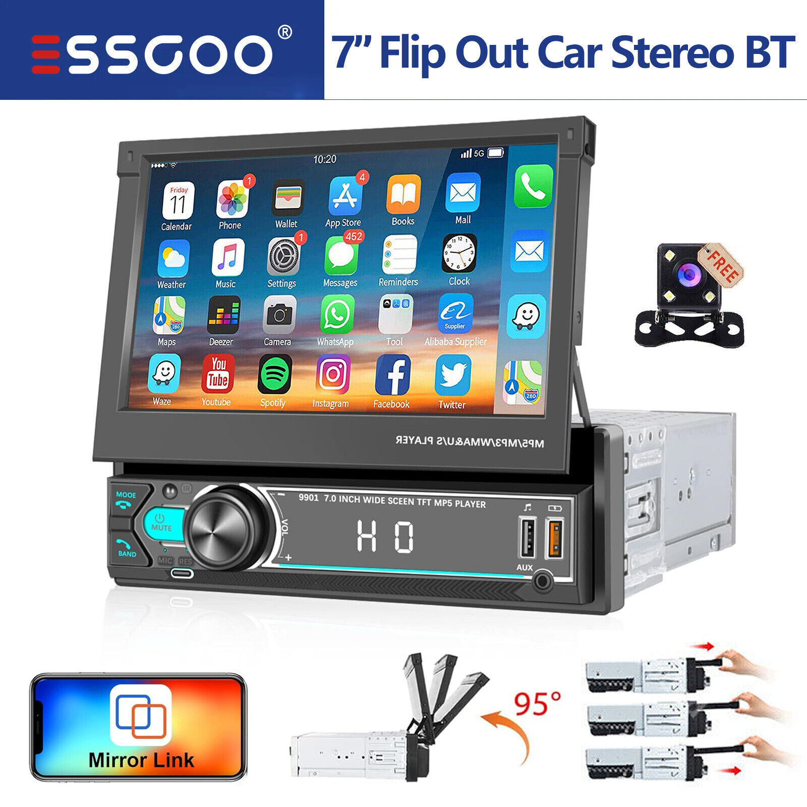 Single 1 Din 7'' Flip Out Screen Car Radio Head Unit Touch Stereo ...