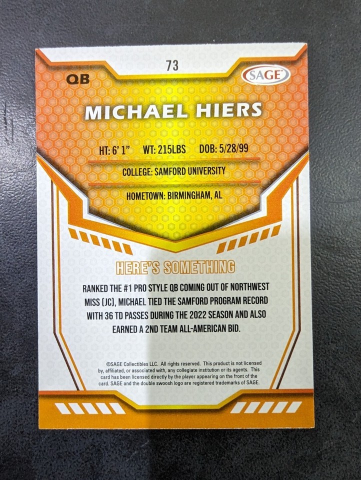 2024 SAGE Low Series - Michael Hiers #73 Black Parallel Samford ...