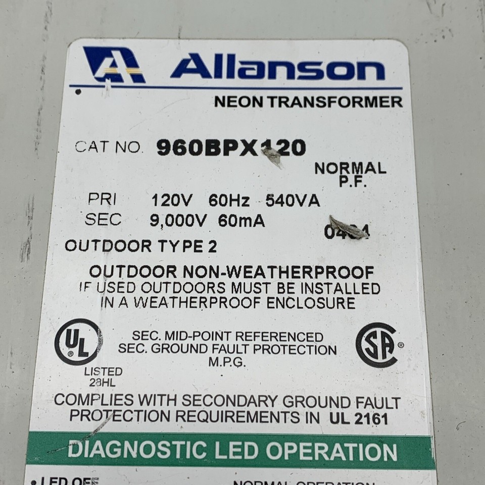 Allanson 960BPX120 Neon Sign Transformer PRI: 120V SEC: 9000V 60mA | eBay