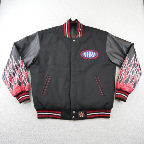 NHRA Championship Drag Racing Jacket Mens Black Red Flame Sleeves ...