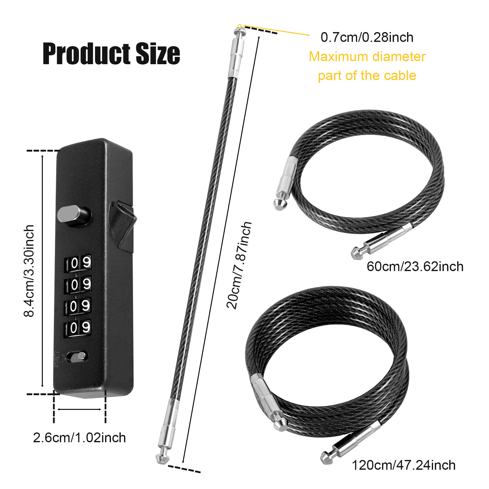 Cable Combination Lock 4-Digit Cable Rope Password Lock w/ 3 Cables ...